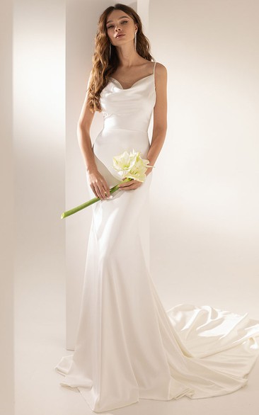 Simple Cowl Sheath Satin Wedding Dress with Draping and Bustle Style ...