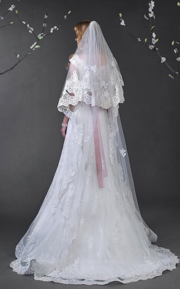 A Line Off-the-shoulder Short Sleeve Sweep Train Lace Wedding Dress ...